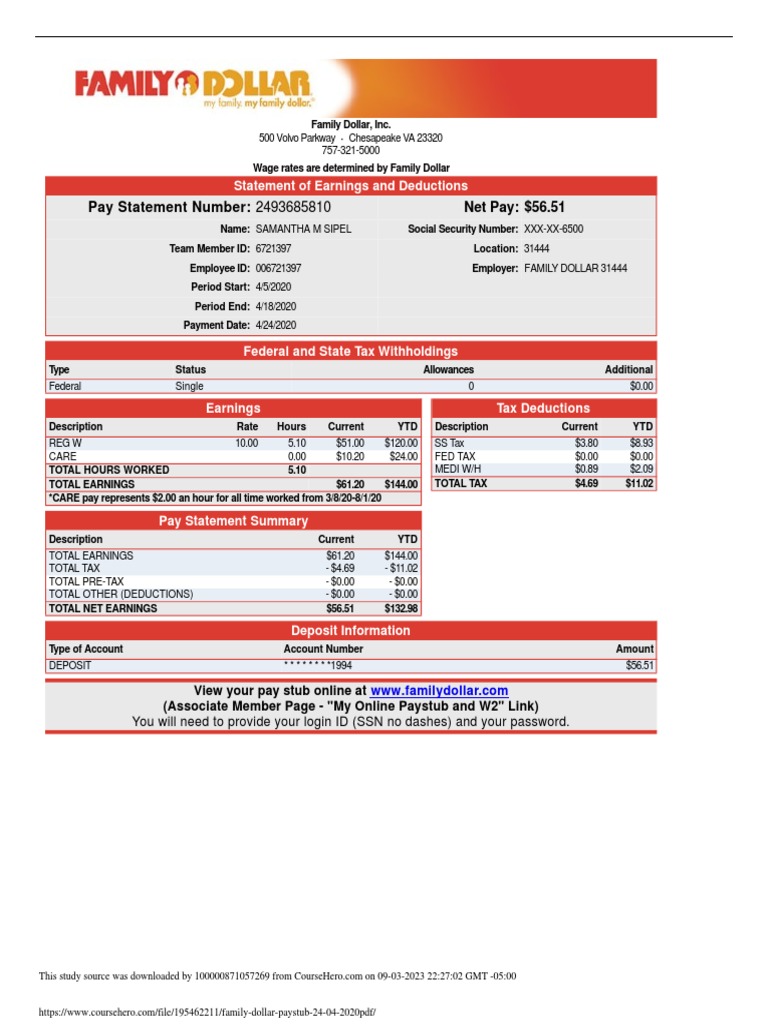 Family Dollar Pay Stub Overview | PDF | Paycheck | Taxes