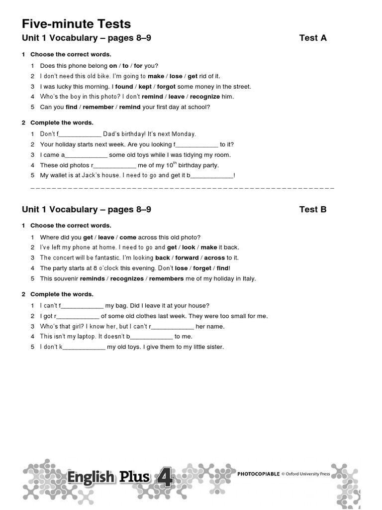 Five Minute Tests Unit 1 | PDF