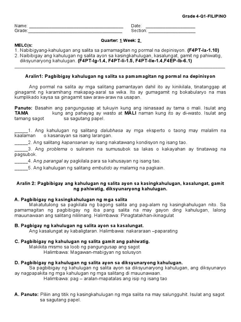 Name: - Date: - Grade: - Section | PDF