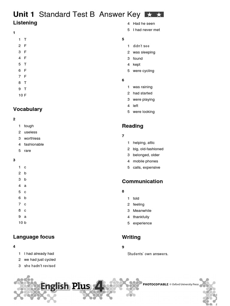 Unit 1 Standard Test B Answers | PDF