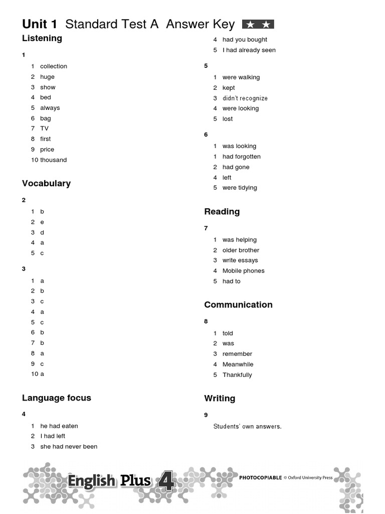 Unit 1 Standard Test A Answers | PDF