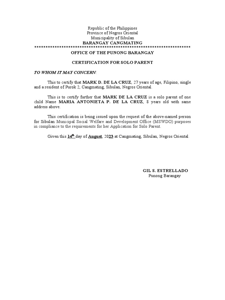 Solo Parent Certification - Mark D. De La Cruz | PDF | Social Science | Lifestyle
