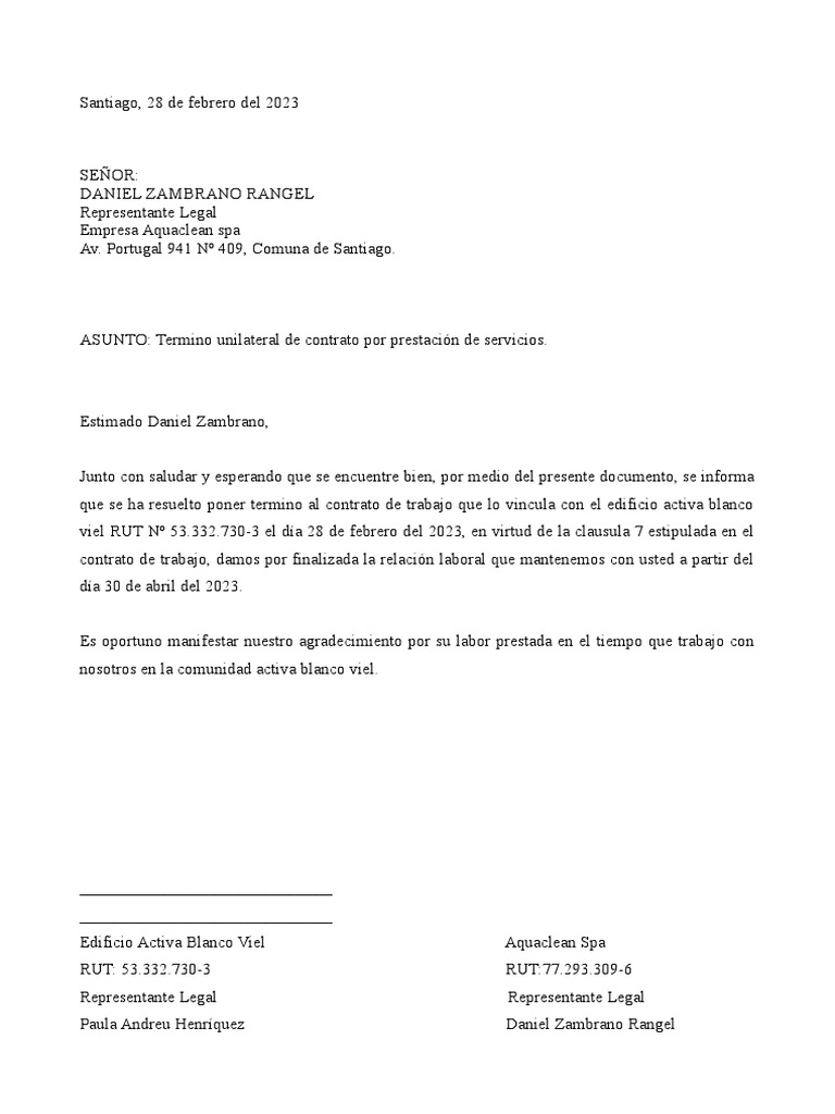 Modelo Carta Finalización Contrato Servicios | PDF