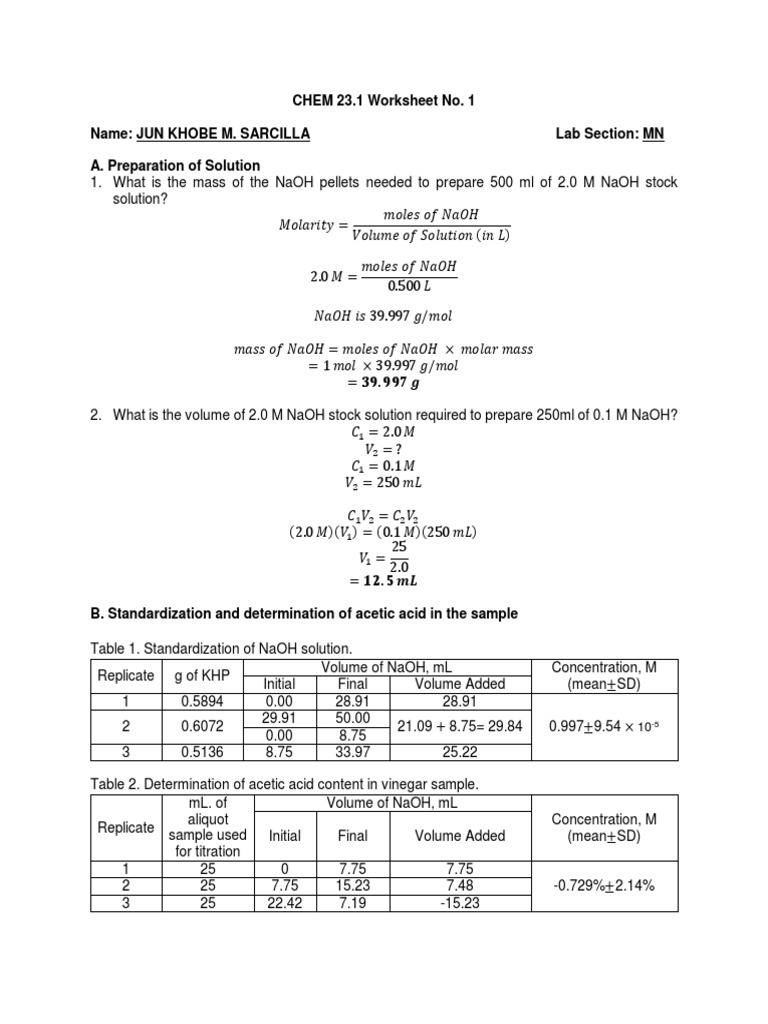 Sarcilla, J. (Chem 23.1) Worksheet | PDF | Titration | Chemistry