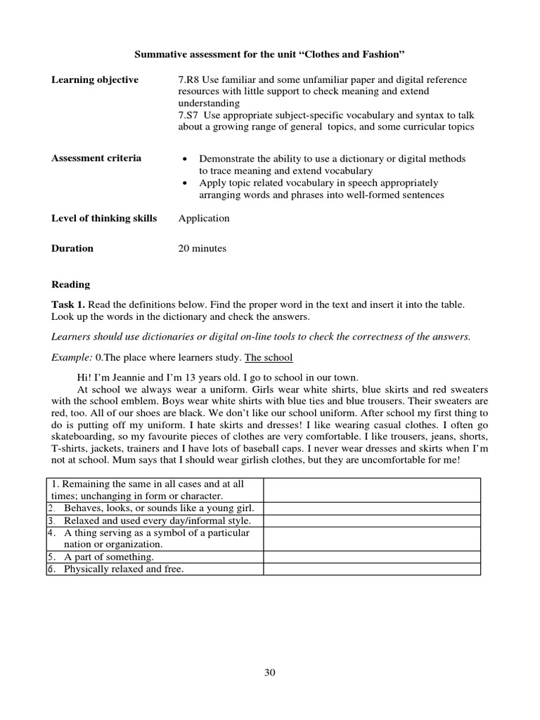 Unit Assessment: Clothes and Fashion | PDF | Vocabulary | Question