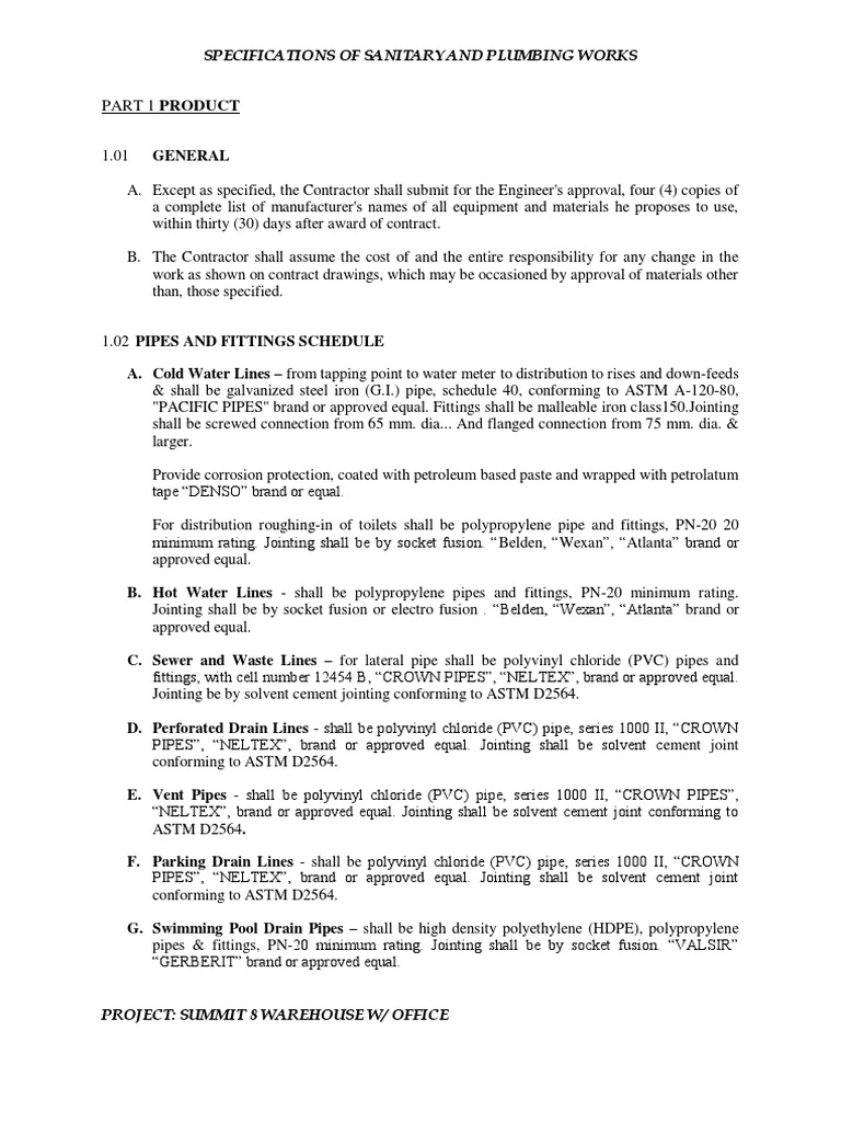 Specifications of Sanitary and Plumbing Works Part 1 Product | Download Free PDF | Plumbing ...