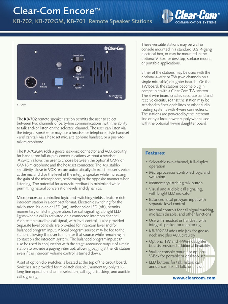 Clear-Com_KB-702_KB-702_KB-701_Datasheet | PDF | Microphone | Headphones