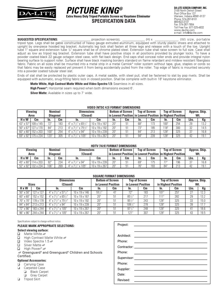 DA-LITE Picture King | PDF | Equipment | Manufactured Goods