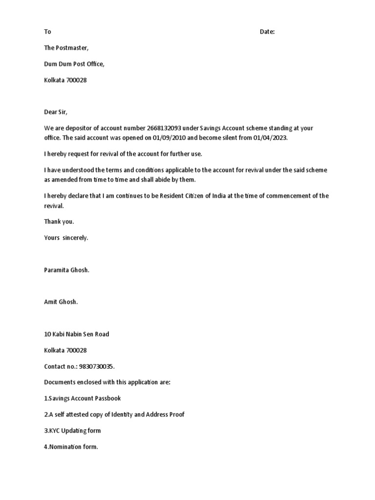 Post Office Account Revival Request | PDF
