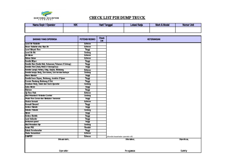 Checklist P2H Dump Truck Lengkap | PDF