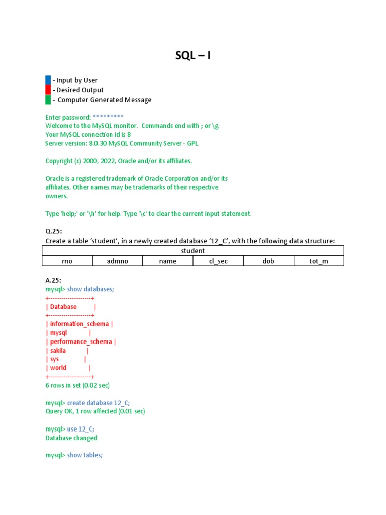 SQL - I: - Input by User - Desired Output - Computer Generated Message | Download Free PDF | My ...