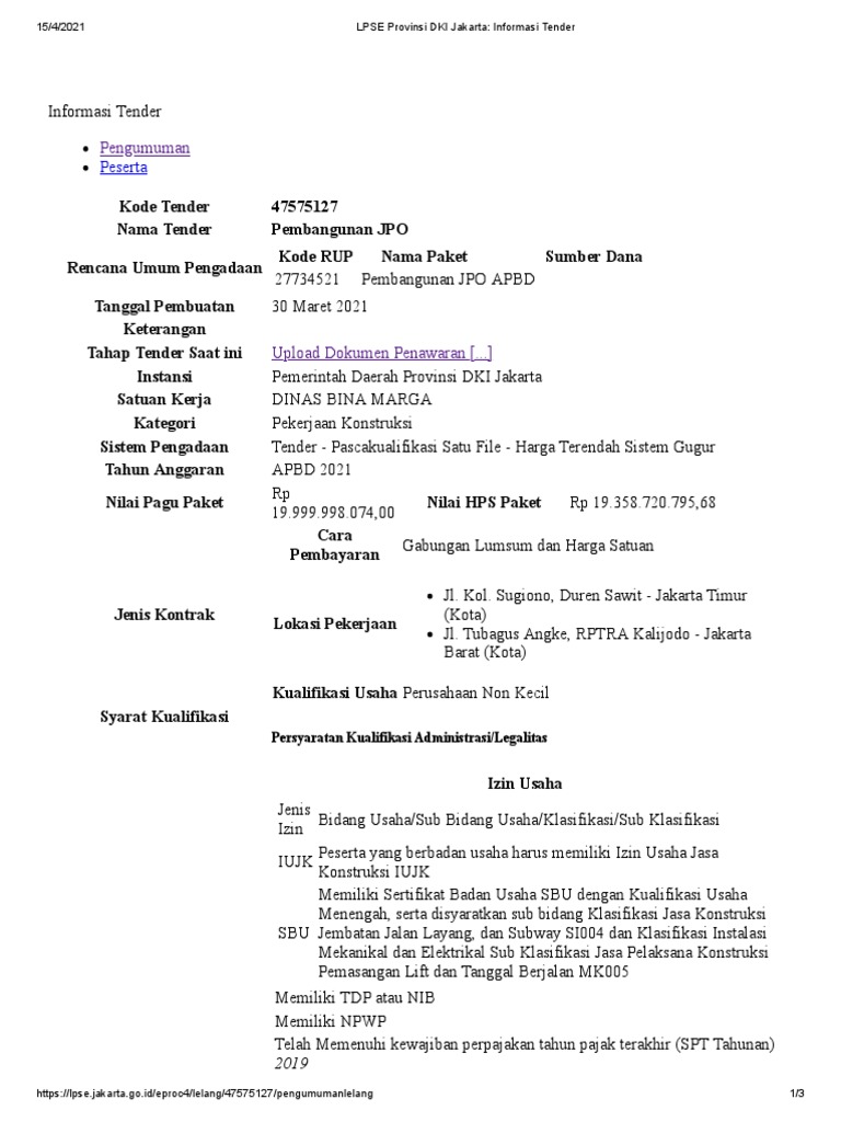 Informasi Tender Pembangunan JPO 02 | PDF