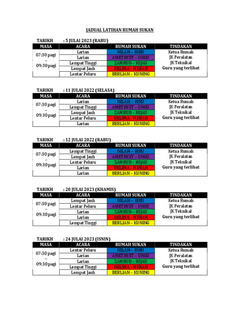 Jadual Latihan Rumah Sukan 2023 | PDF