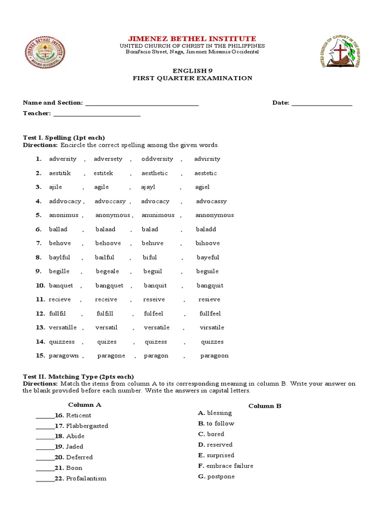 Q1 Eng Exam | PDF | Verb | Sentence (Linguistics)