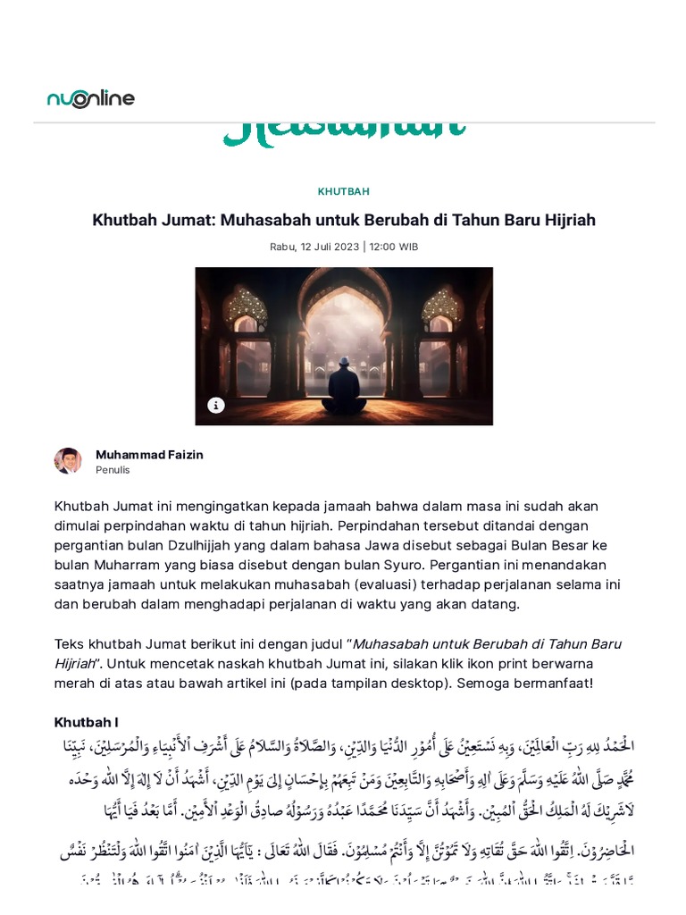 Khutbah Jumat - Muhasabah Untuk Berubah Di Tahun Baru Hijriah - NU Online | PDF