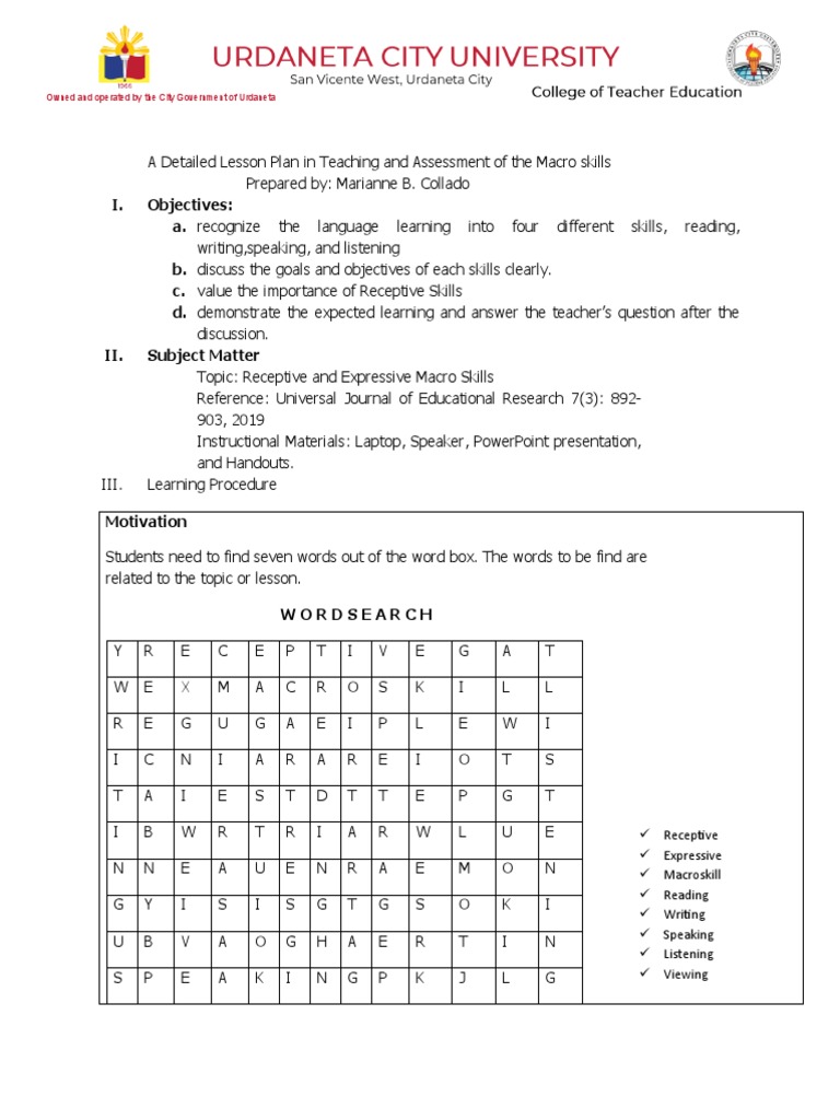 A Detailed Lesson Plan in Teaching and Assessment of the Macro skills ...