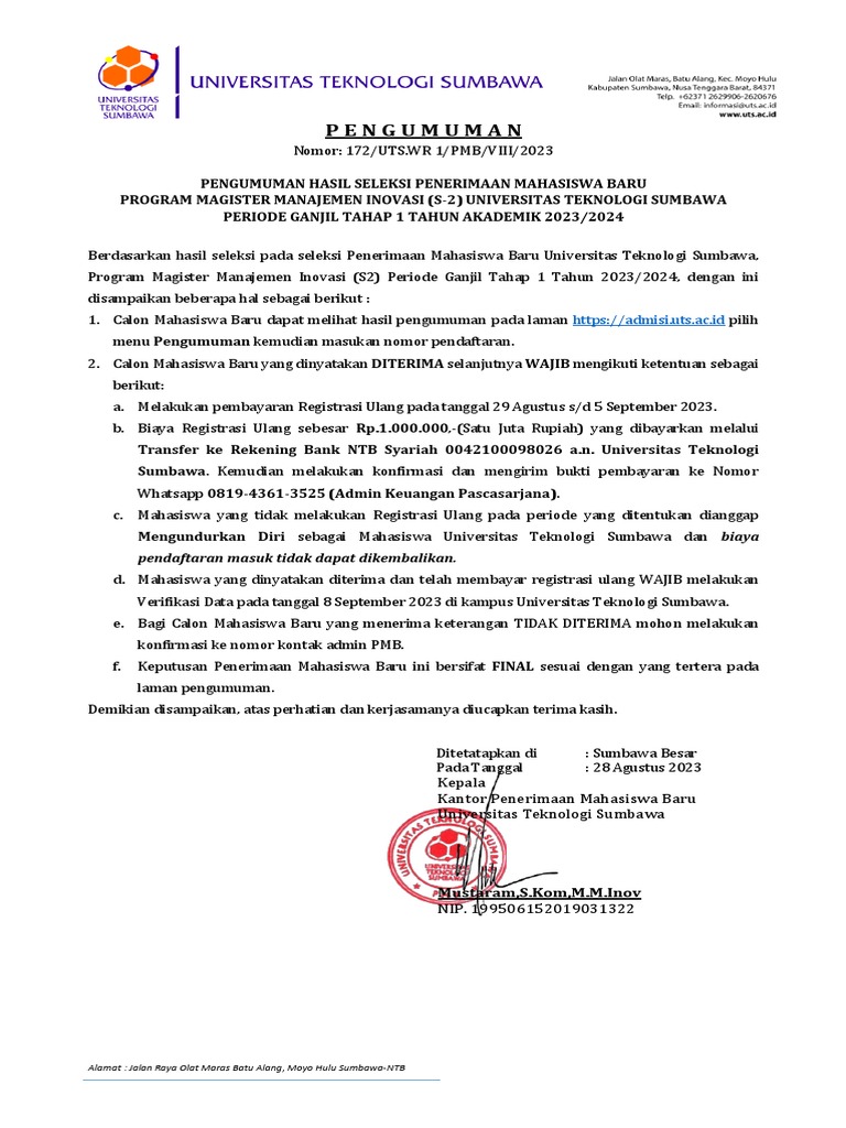 Surat 172 Pengumuman PMB UTS Program Pascasarjana Tahap I | PDF