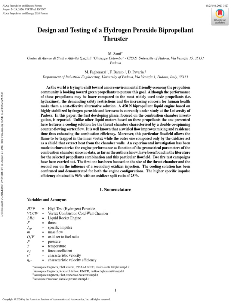 Design and Testing of A Hydrogen Peroxide Bipropellant Thruster | PDF ...