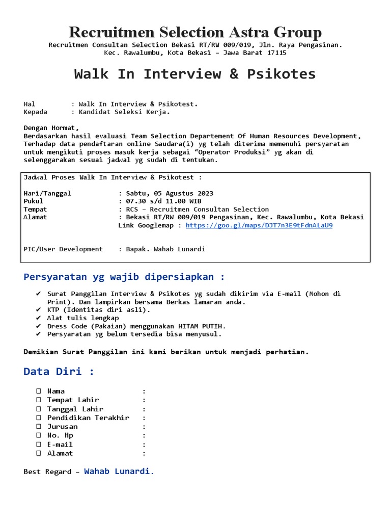 Walk in Interview & Psikotes PT. Astra Group 05 Agustus 2023 | PDF