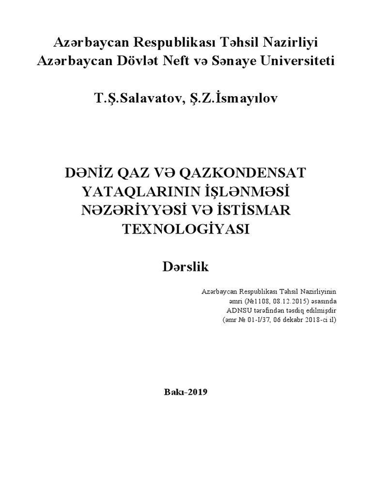 Dəniz Qaz VƏ Qazkondensat Yataqlarının Işlənməsi Nəzəriyyəsi VƏ ...