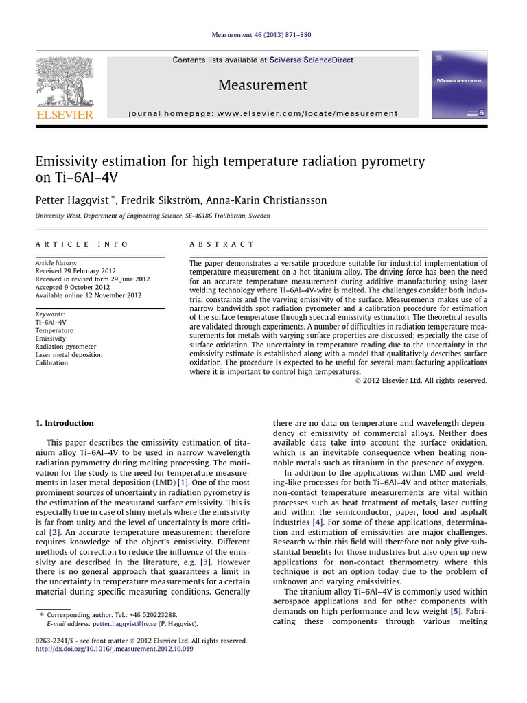 Emissivity Estimation For High Temperature Radiation Pyrometry On Ti ...