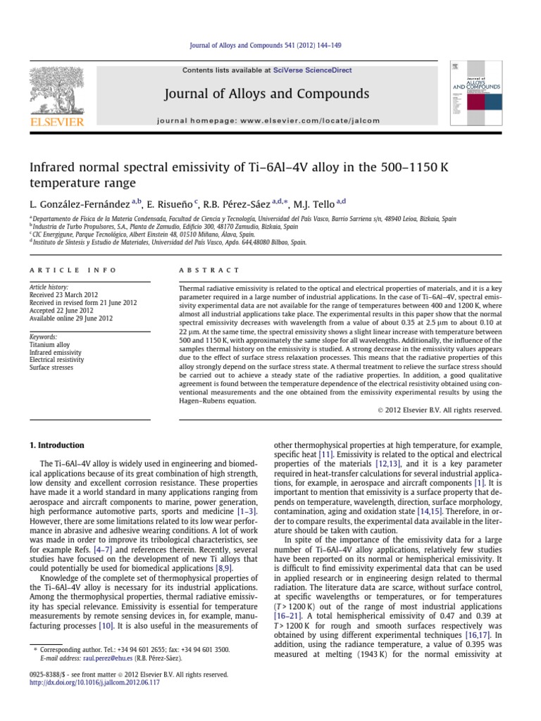 Infrared Normal Spectral Emissivity of Ti-6Al-4V Alloy in The 500-1150 ...