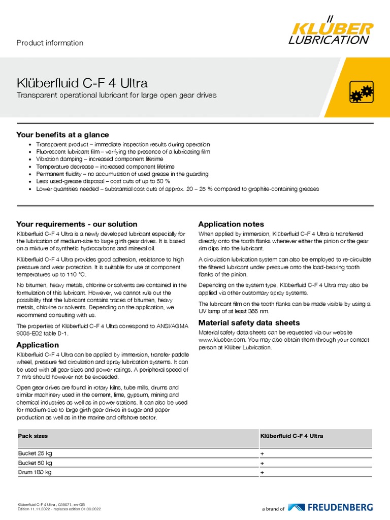 Klueberfluid C-F 4 Ultra 039071 PI GB en | PDF | Lubricant | Gear