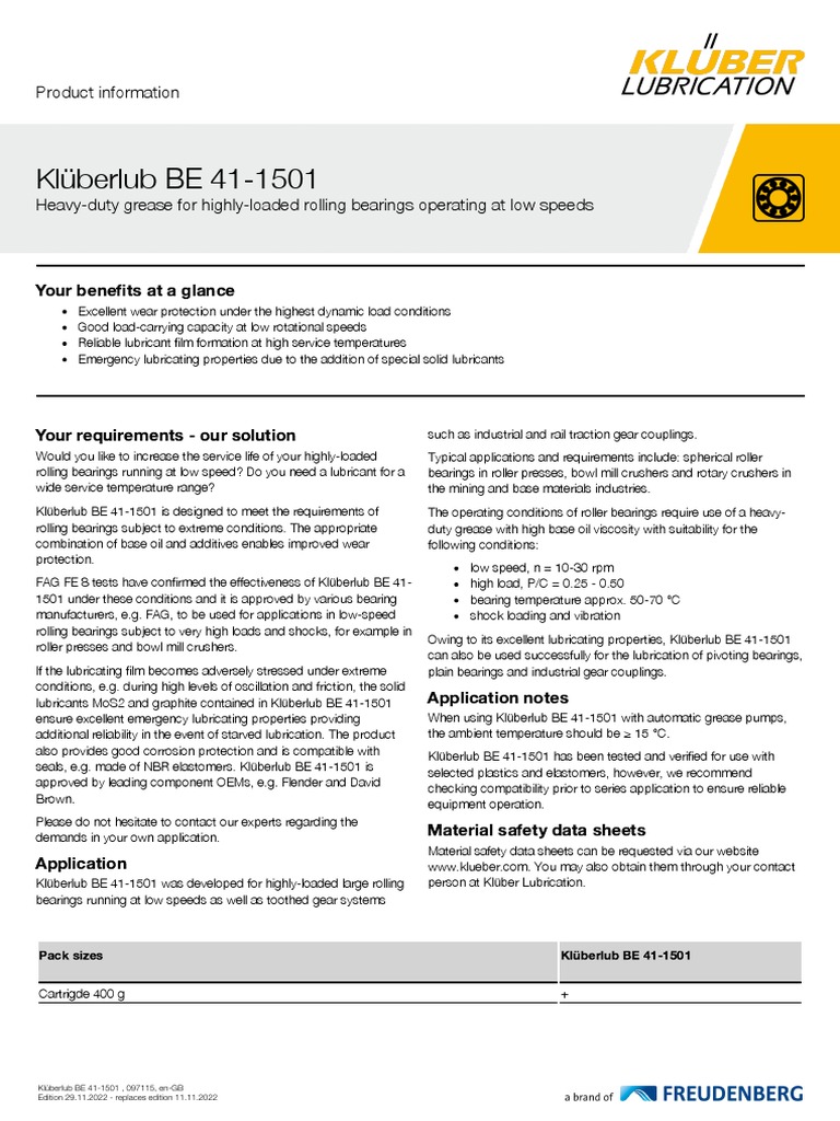 Klueberlub BE 41-1501 097115 PI GB en | PDF | Bearing (Mechanical) | Lubricant