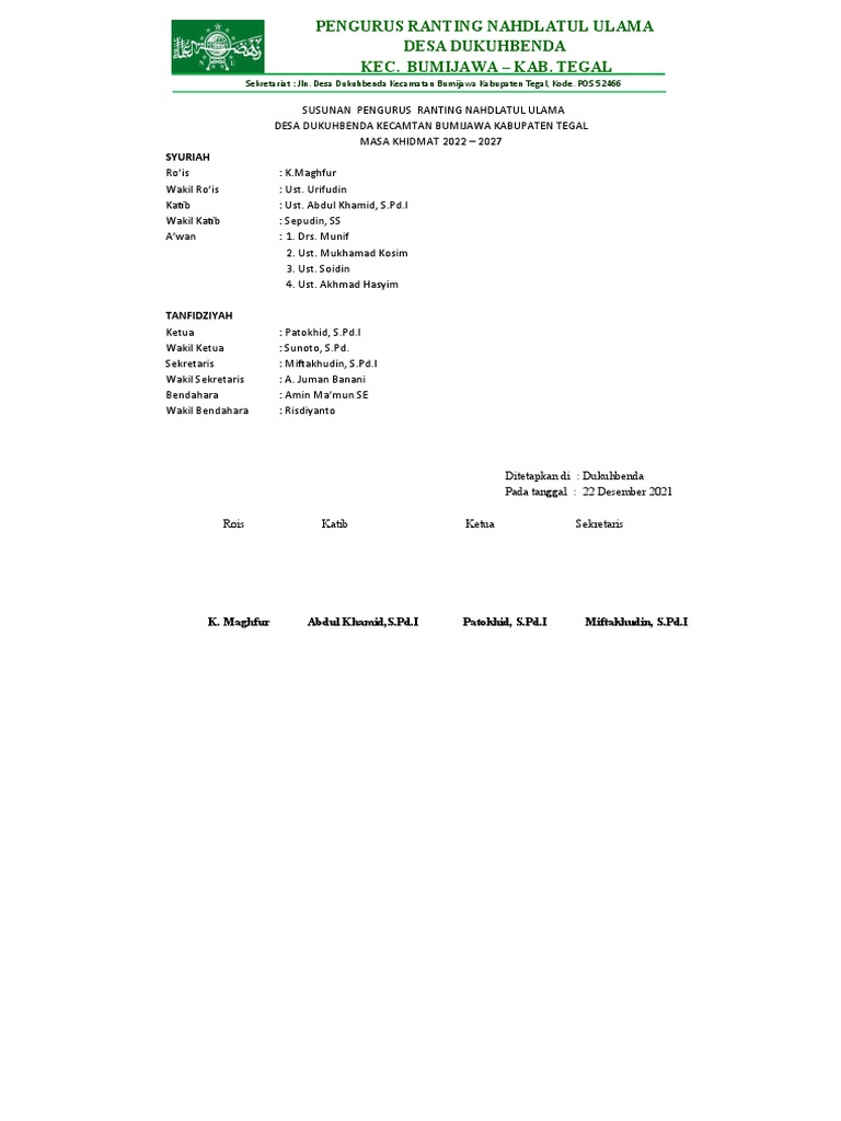 Struktur Ranting Nu Dukuhbenda | PDF
