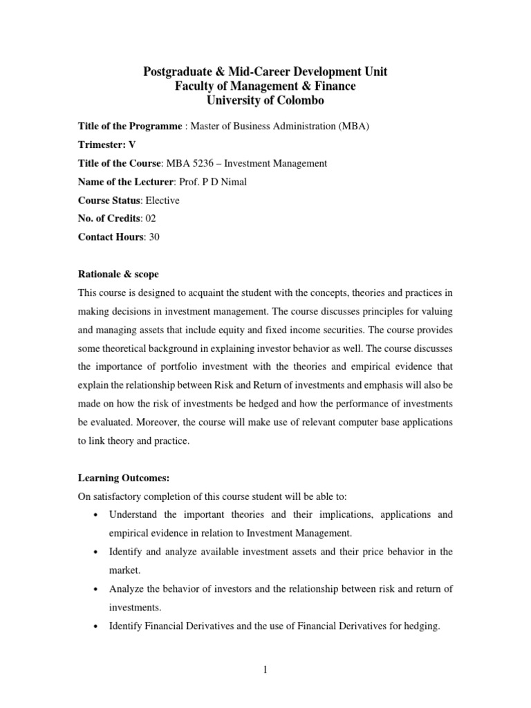 Inv Outline MBA | PDF | Investing | Investment Management