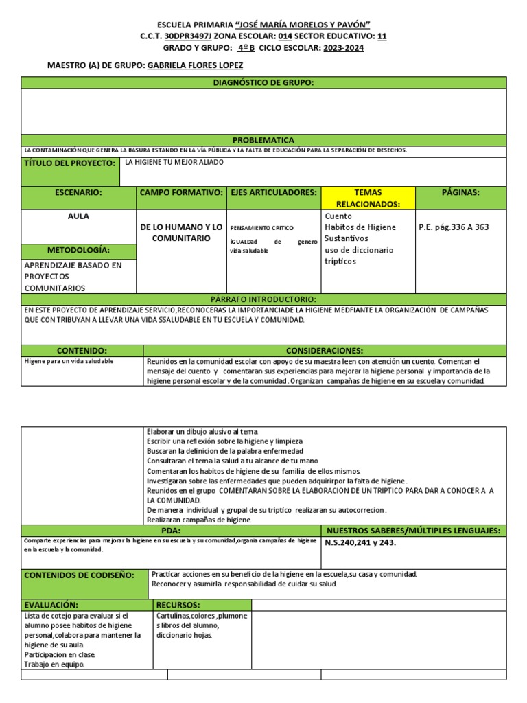 Formato Ejemplo Planeación 2023-2024 (1) 2 Gaby Proyecto | PDF | Higiene | Aprendizaje