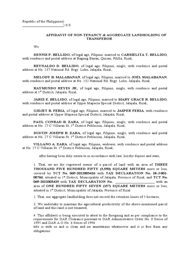 Marvin Vargas AFFIDAVIT OF NON-TENANCY & AGGREGATE LANDHOLDING OF | PDF ...
