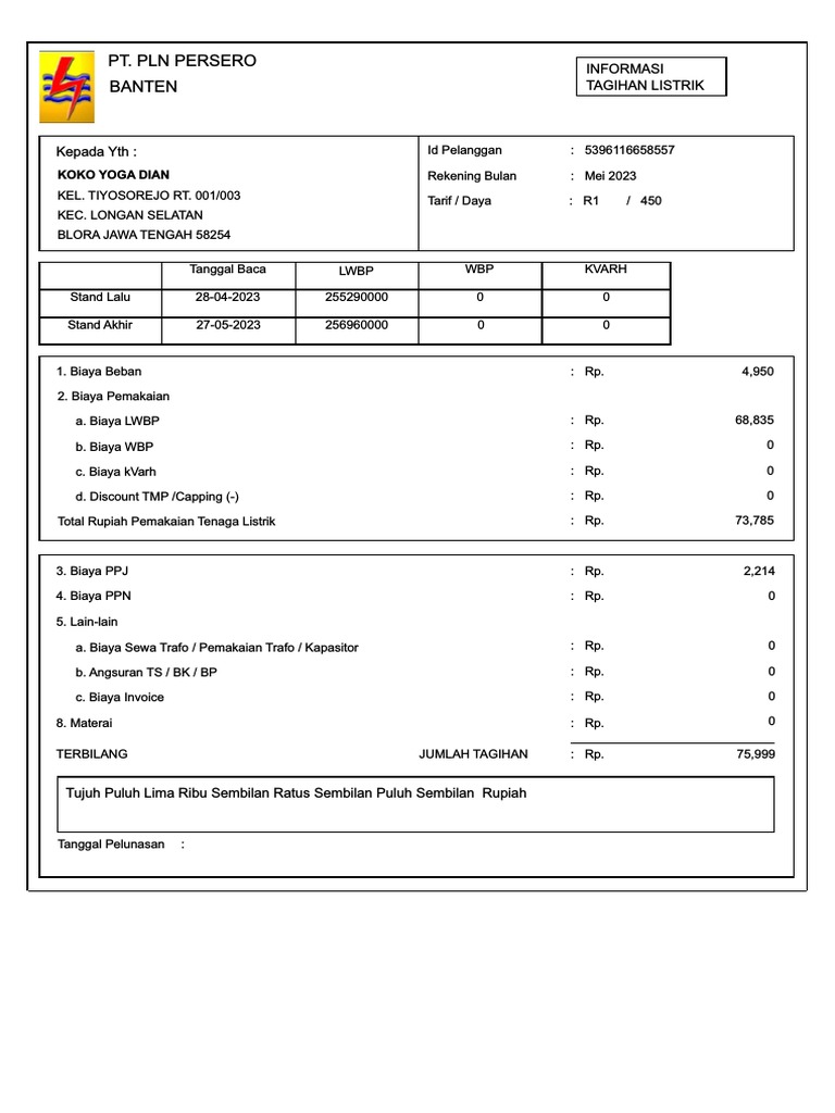 Tagihan Listrik PLN - Mei 2023 | PDF
