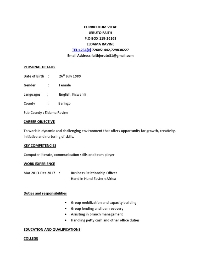 Curriculum Vitae-Faith | Download Free PDF | Kenya