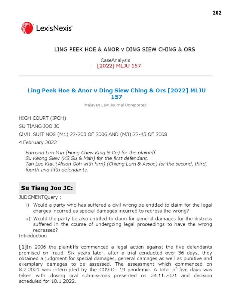 Ling Peek Hoe & Anor V Ding Siew Ching & Ors - Legal Fees Can Be Claimed As Special Damages ...