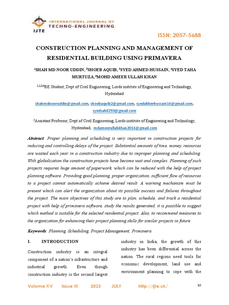 Construction Planning and Management of Residential Building Using ...