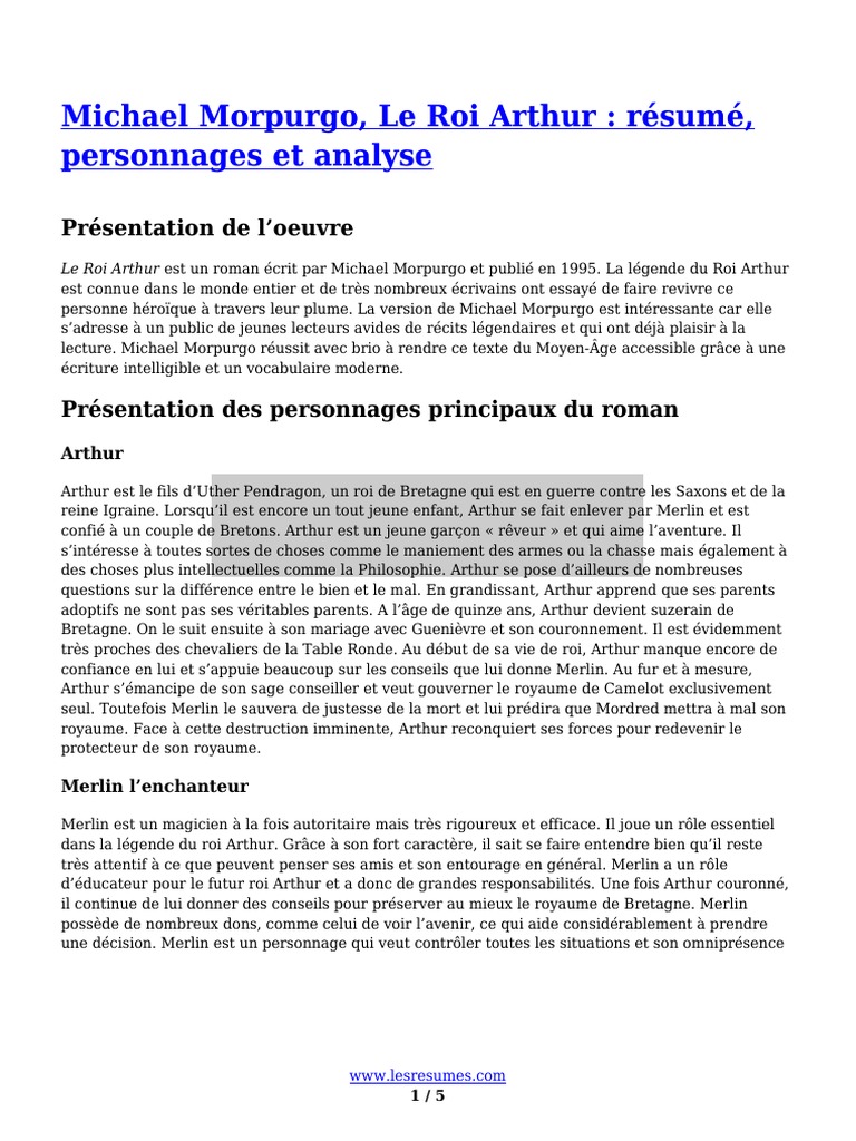 Michael Morpurgo Le Roi Arthur Resume Personnages Et Analyse | PDF | Roi Arthur | Gauvain