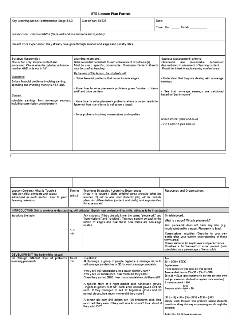 Year 9 Lesson Plan (Ex 2.4, 2.5) | PDF | Piece Work | Lesson Plan