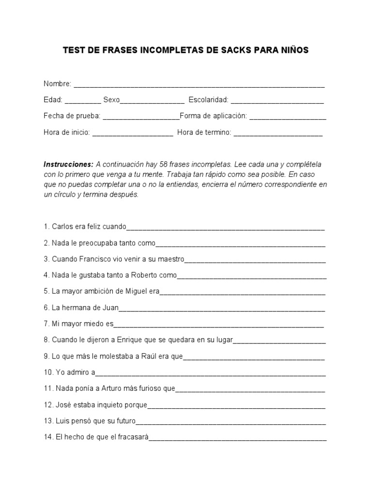 Test De Frases Incompletas Para Niños De Sacks Pdf