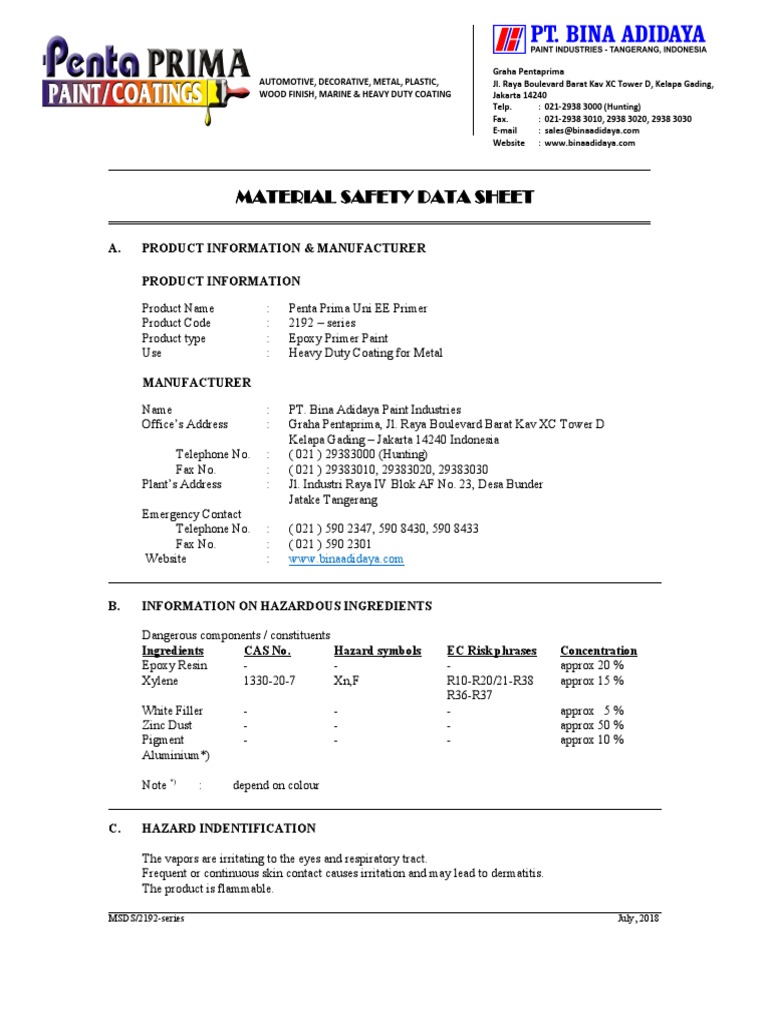 MSDS 2192 Penta Prima Uni EE Primer 2018 | PDF | Water | Chemical ...