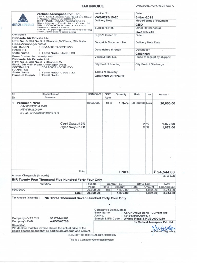 Pinnacle Air PVT LTD Invoice | PDF