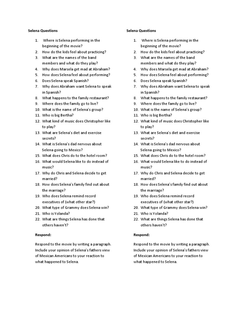 Questions About the Movie Selena | PDF | Sports & Recreation