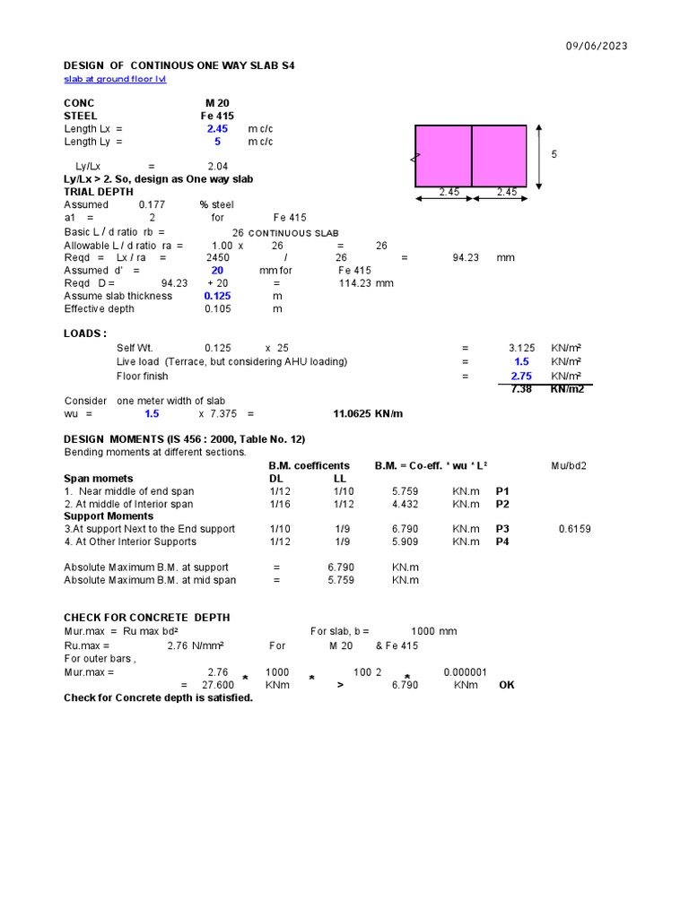 RCC One Way Slab Design | PDF | Building Materials | Architectural Elements