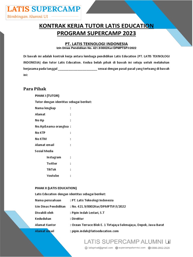 Kontrak Tutor Program Karantina Supercamp Latis Education 2023 | PDF | Karier & Perkembangan ...