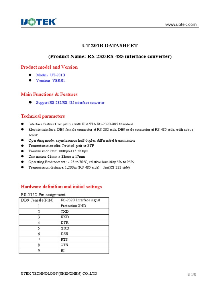 Ut-201B Datasheet (Product Name: RS-232/RS-485 Interface Converter) | PDF