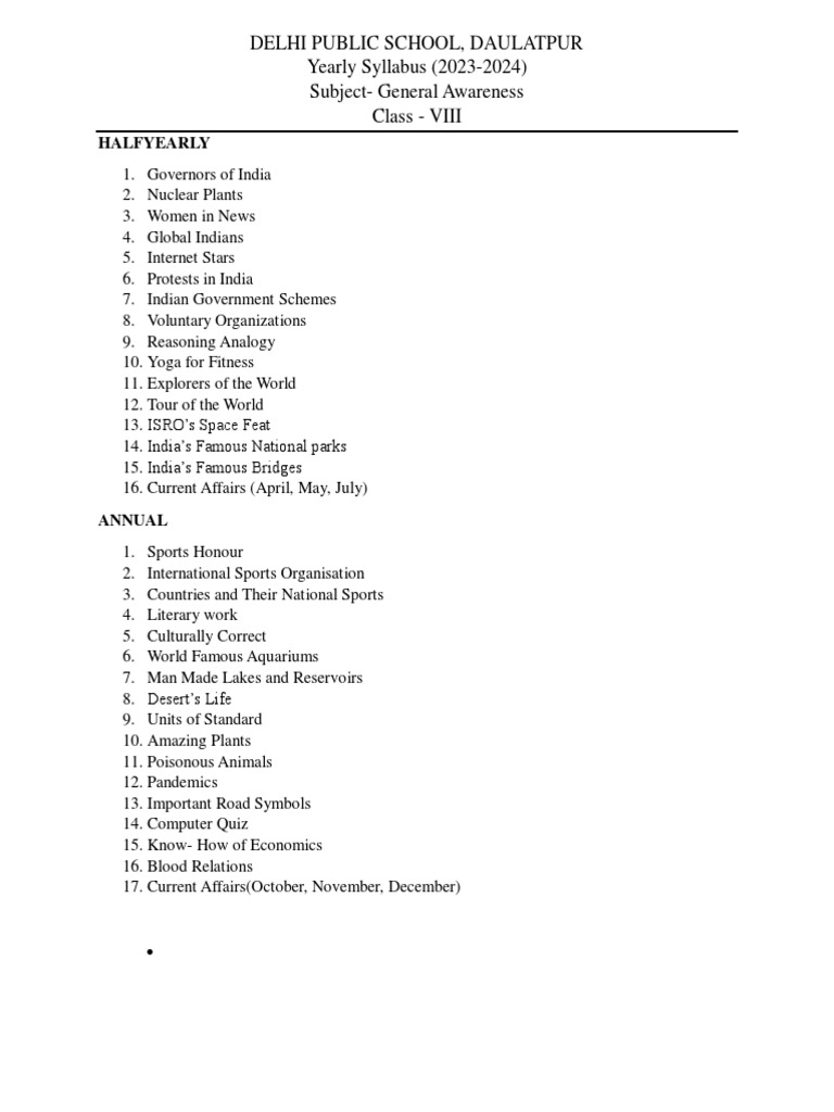 Delhi Public School, Daulatpur Yearly Syllabus (2023-2024) Subject ...