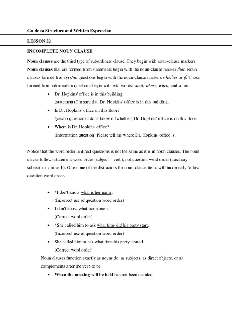 Lesson 22 - Incomplete Noun Clauses | PDF