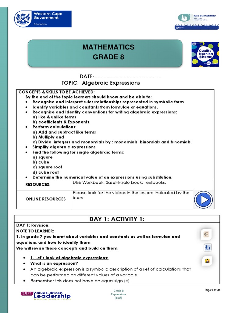 Maths GR 8 Algebraic Expressions 1 | PDF | Multiplication | Variable ...