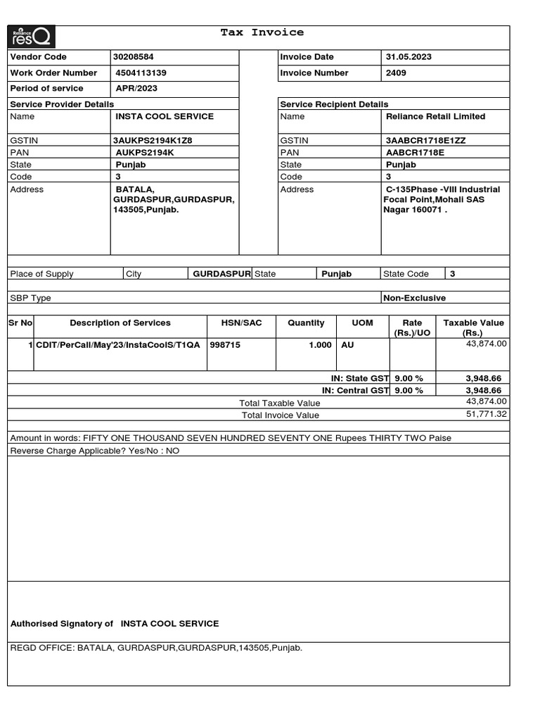 Tax Invoice for Reliance Retail | PDF