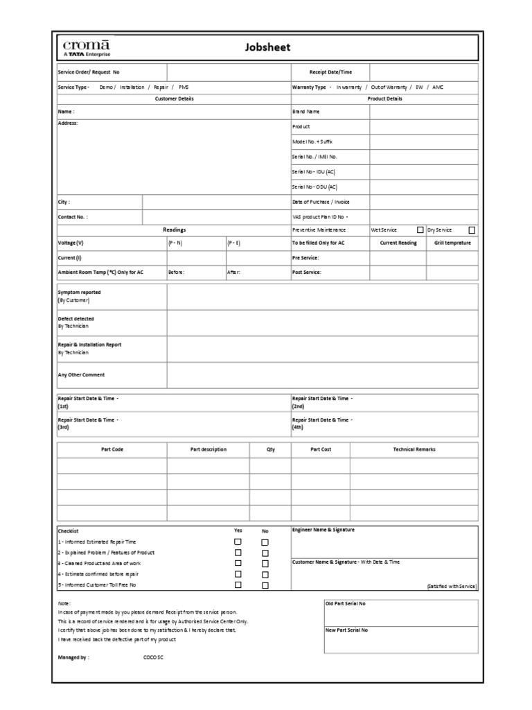 Service Job Sheet Template | PDF